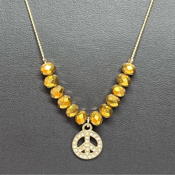 Jewelry | Peace Sign Crystal Faceted Golden Beaded Pendant Necklace ...